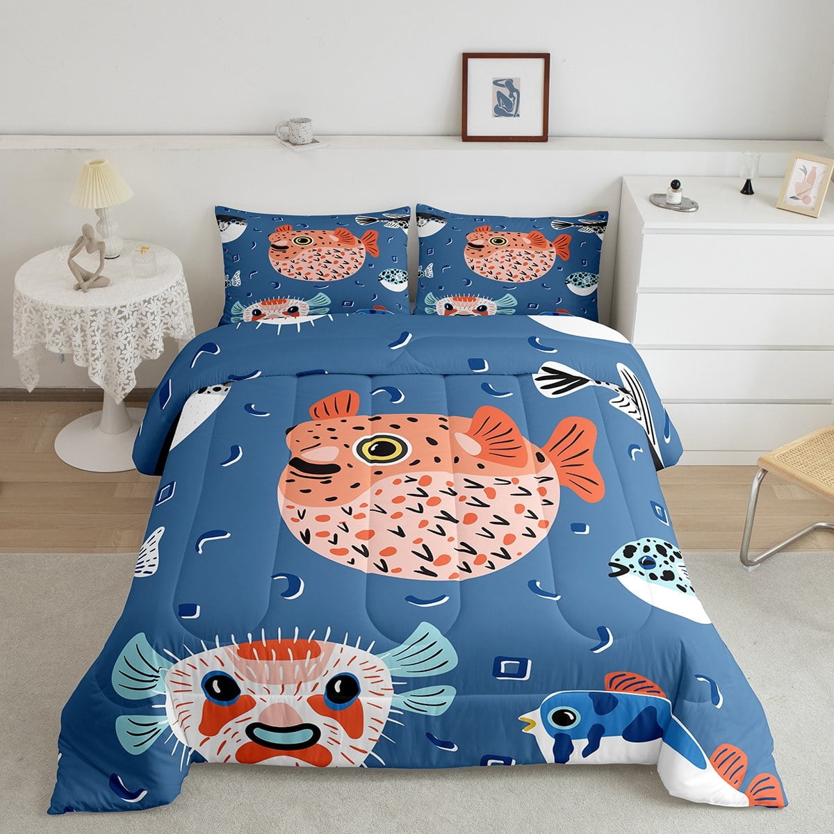 Cute Cartoon Blowfishes Bedding Queen Size,Funny Tropical Puffer Fish ...
