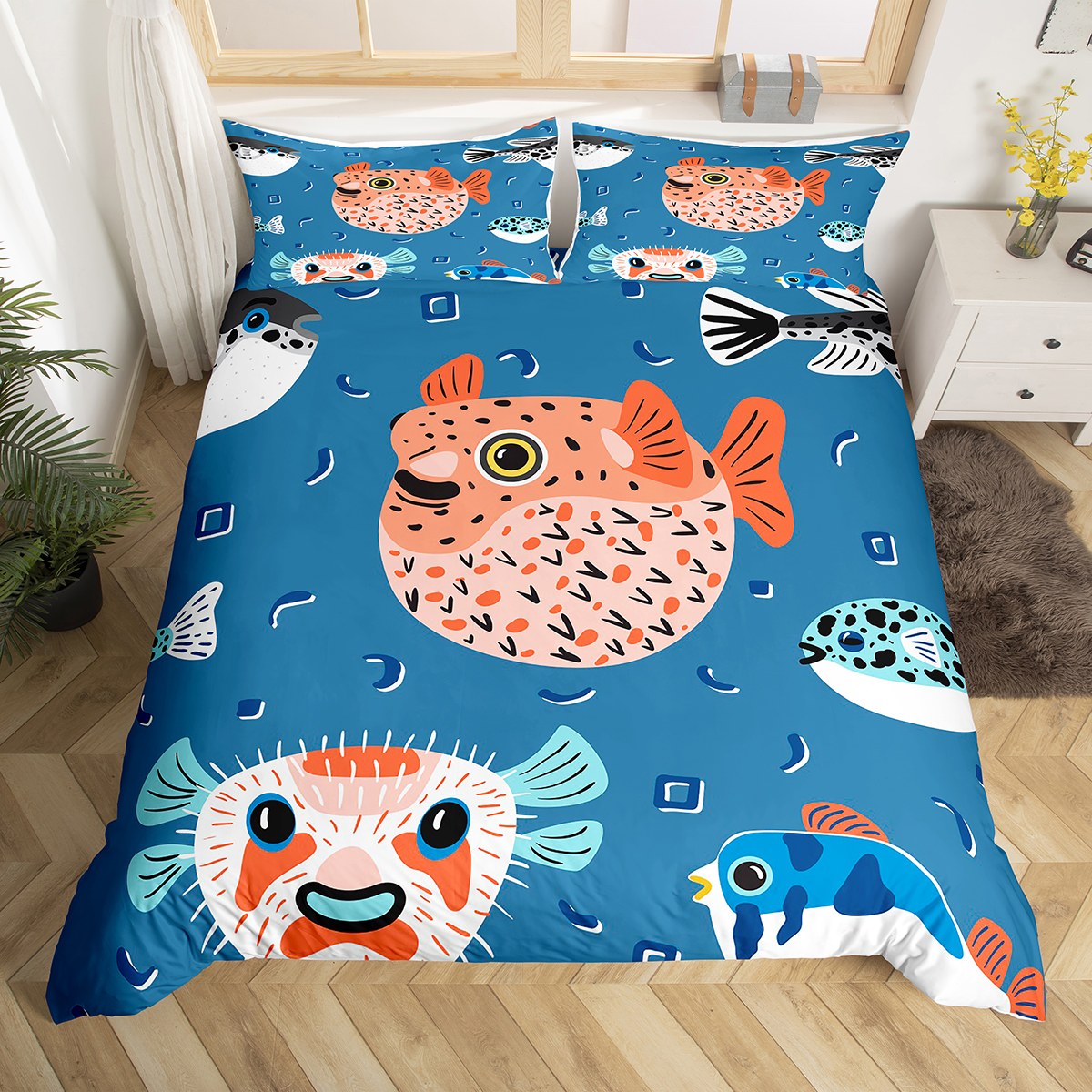 Cute Cartoon Blowfishes Bedding Set Queen Size,Funny Tropical Puffer ...