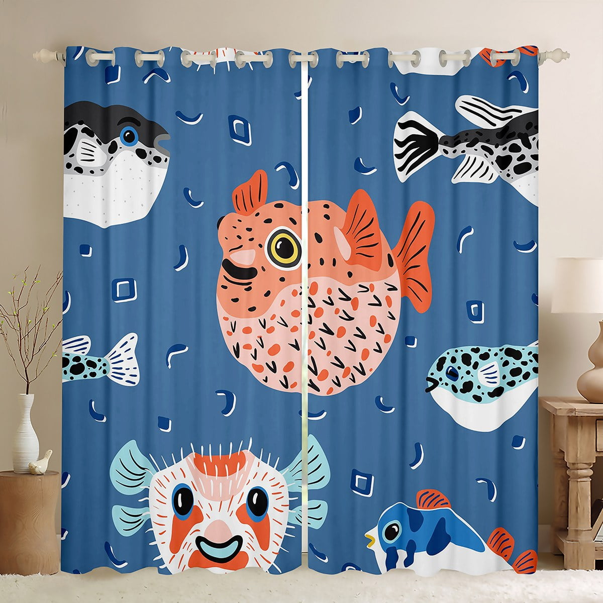Cute Cartoon Blowfishes Blackout Curtains 42"x84" Set of 2 Panels,Funny ...
