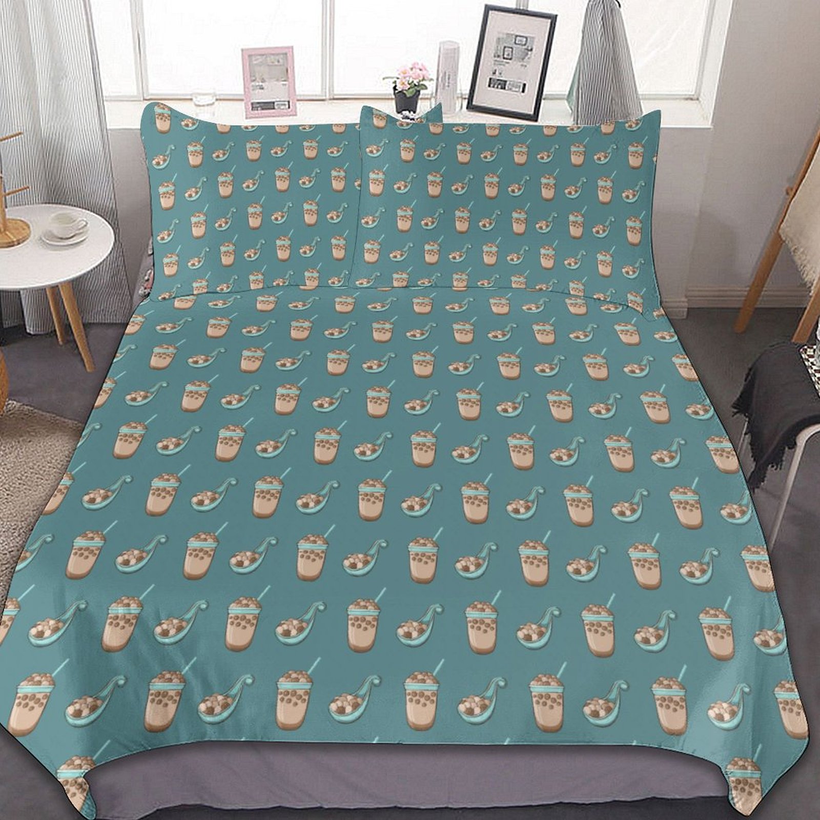 Cute Cartoon Bubble Tea Pattern Queen Bedding Sets 3 Piece (1 Quilt ...