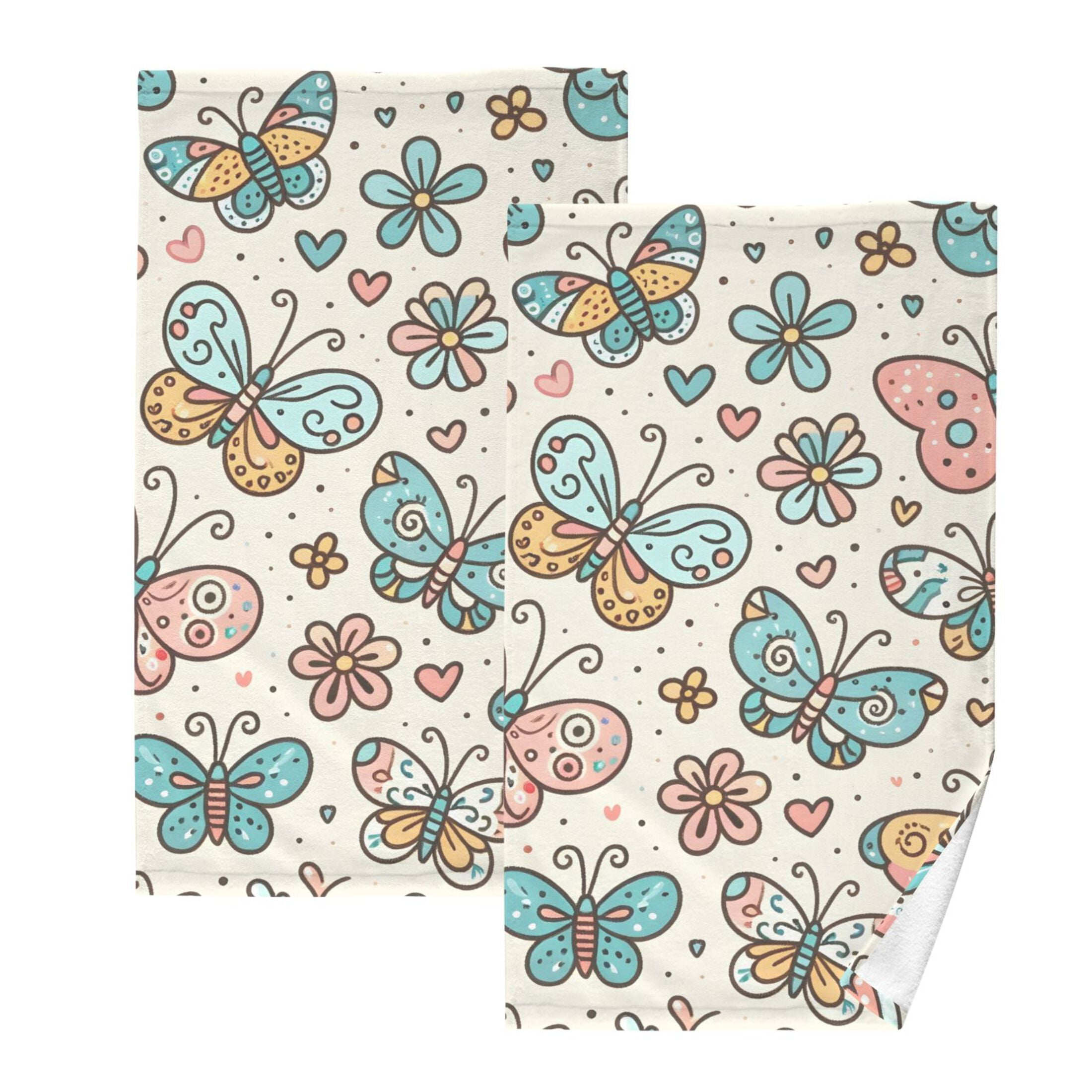 Cute Cartoon Butterfly with Flower 2 Pcs Hand Towel Set Cotton ...