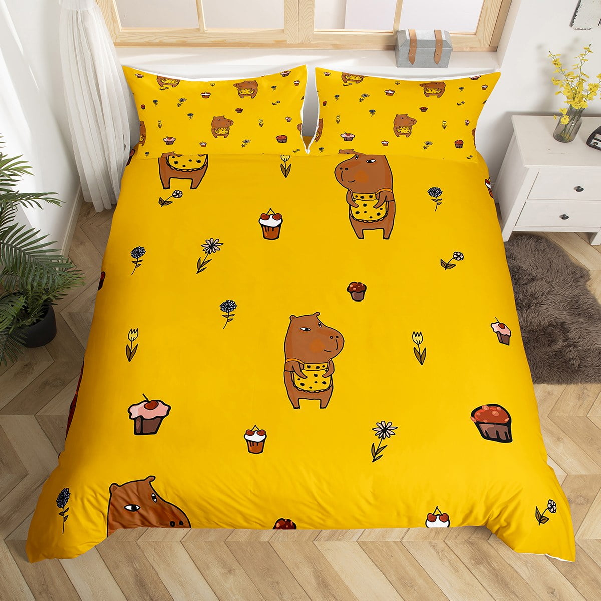 Cute Cartoon Capybara Comforter Cover Twin Size Brown Capybaras Bedding ...