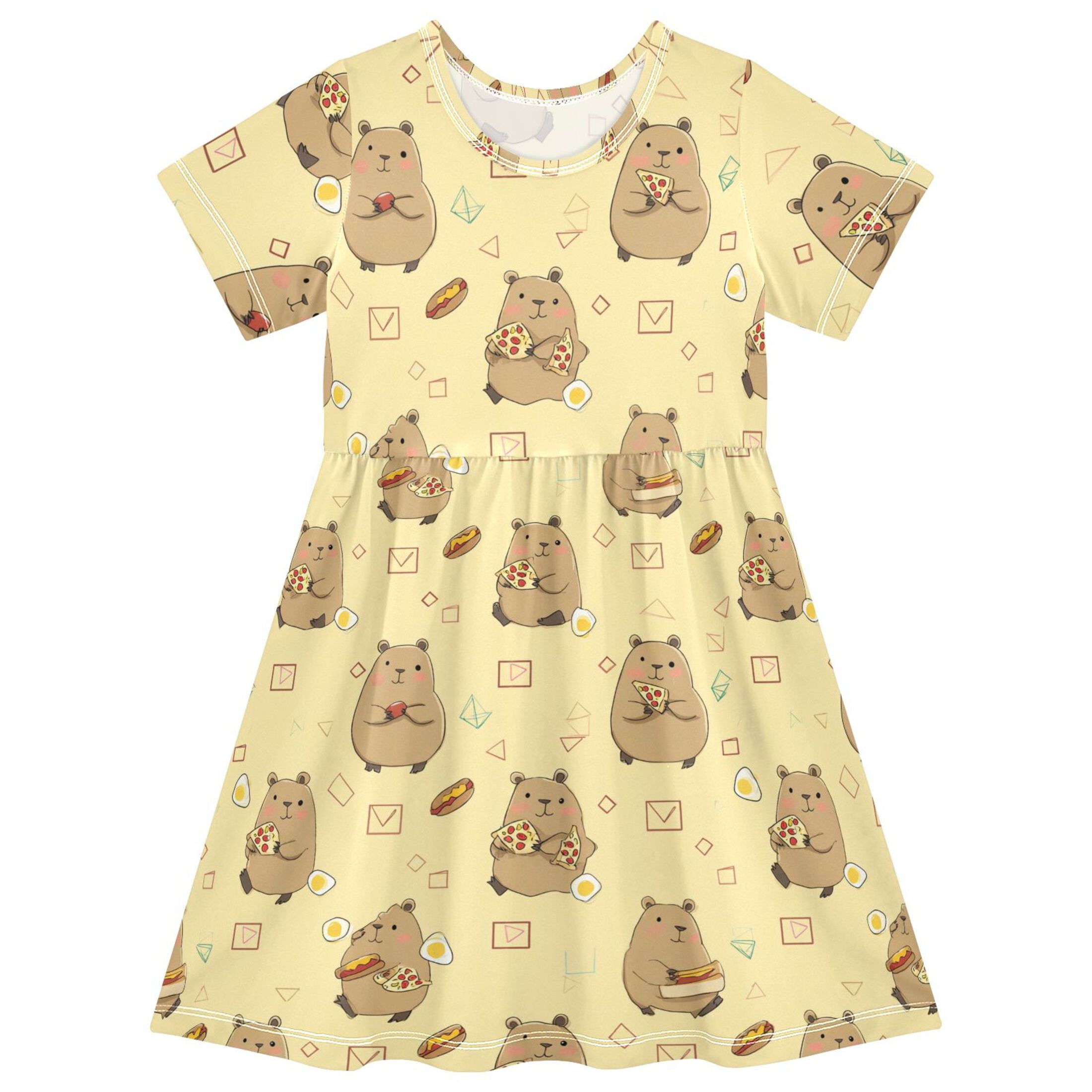 Cute Cartoon Capybara Short Sleeve Dress A-Line Cute Midi Casual ...