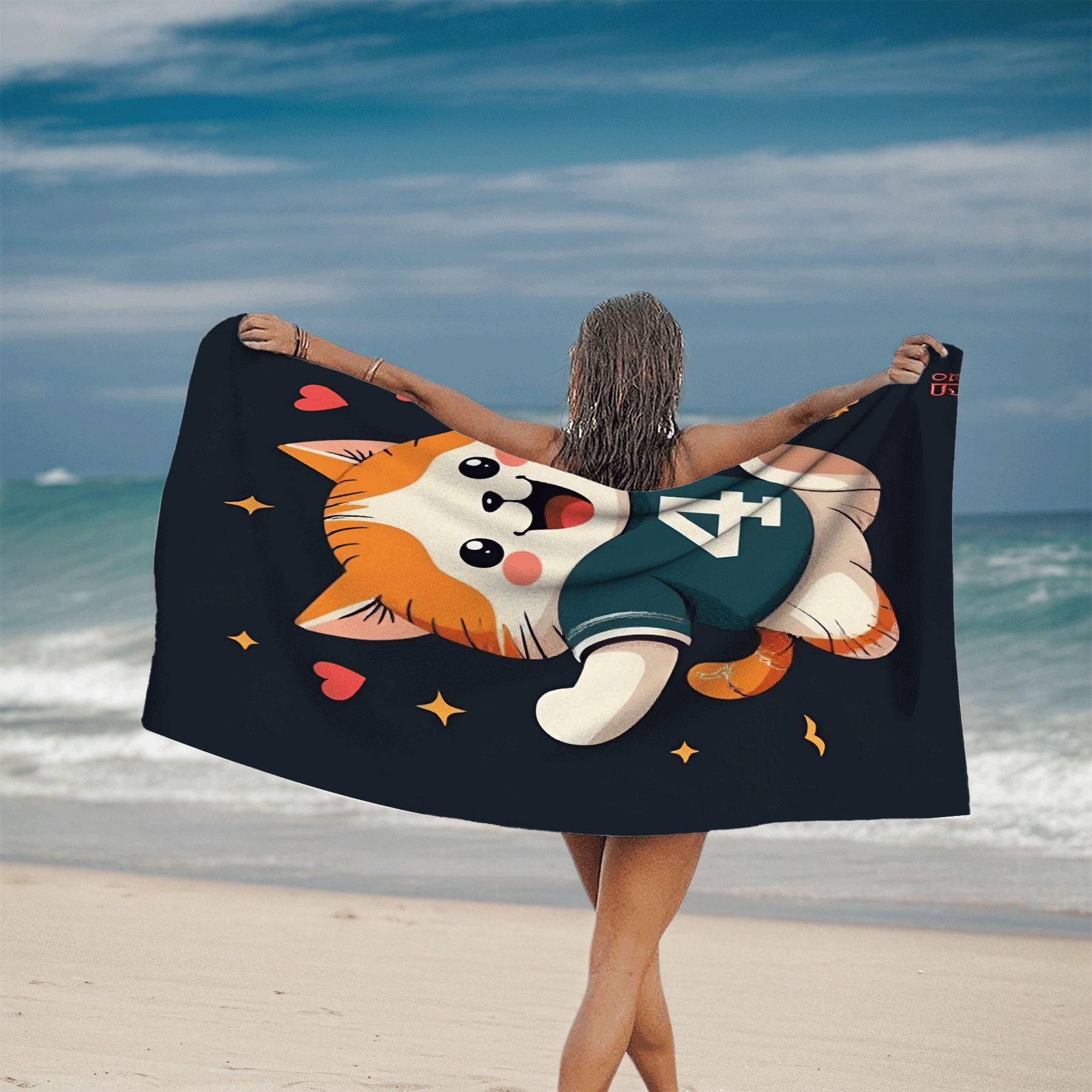 Cute Cartoon Cat Beach Towel - Cheerful Cat in Green Jersey with Hearts ...