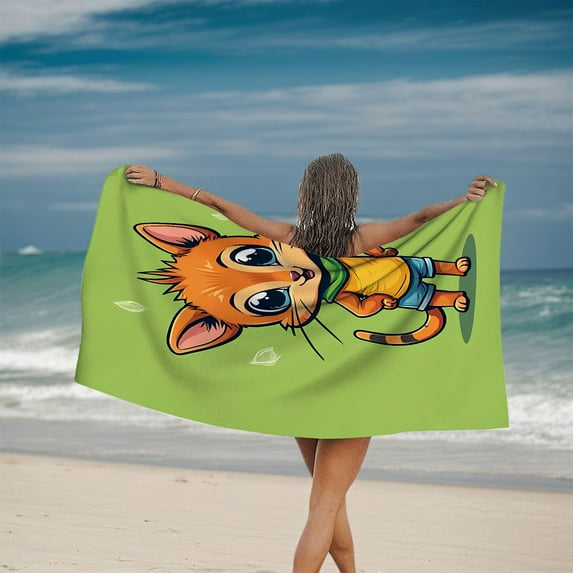 Cute Cartoon Cat Beach Towel - Orange Striped Tail Cheerful Design with ...