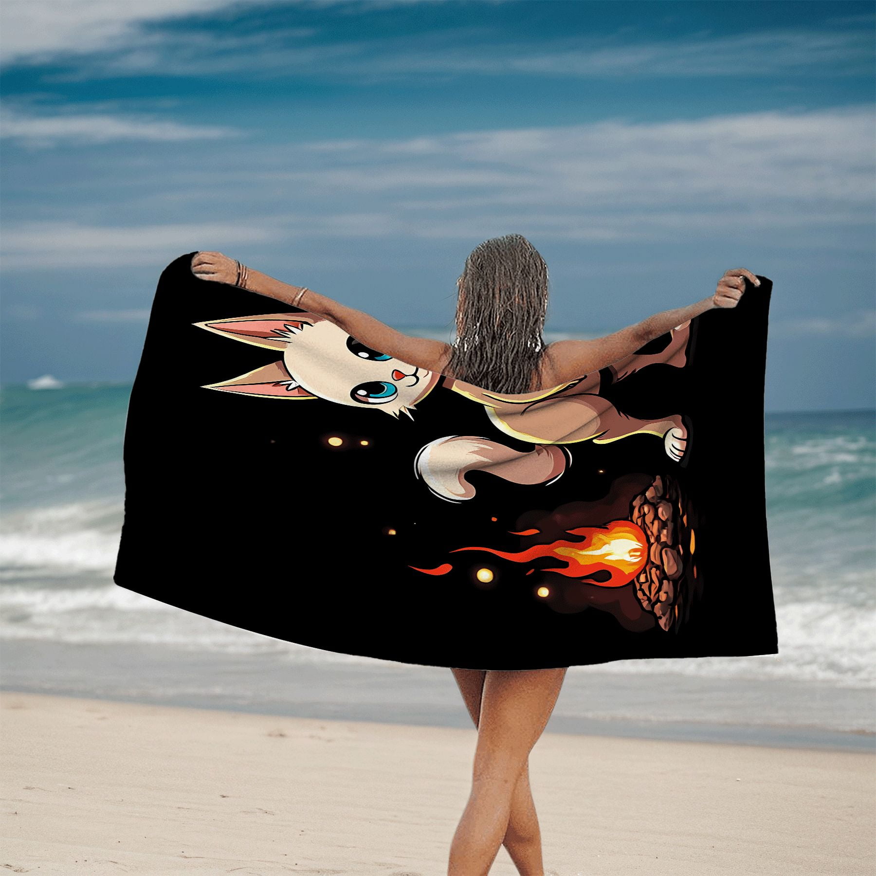 Cute Cartoon Cat Beach Towel - Vibrant Design with Friendly Cat ...