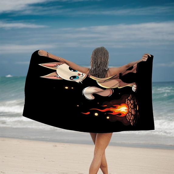 Cute Cartoon Cat Beach Towel - Vibrant Design with Friendly Cat ...