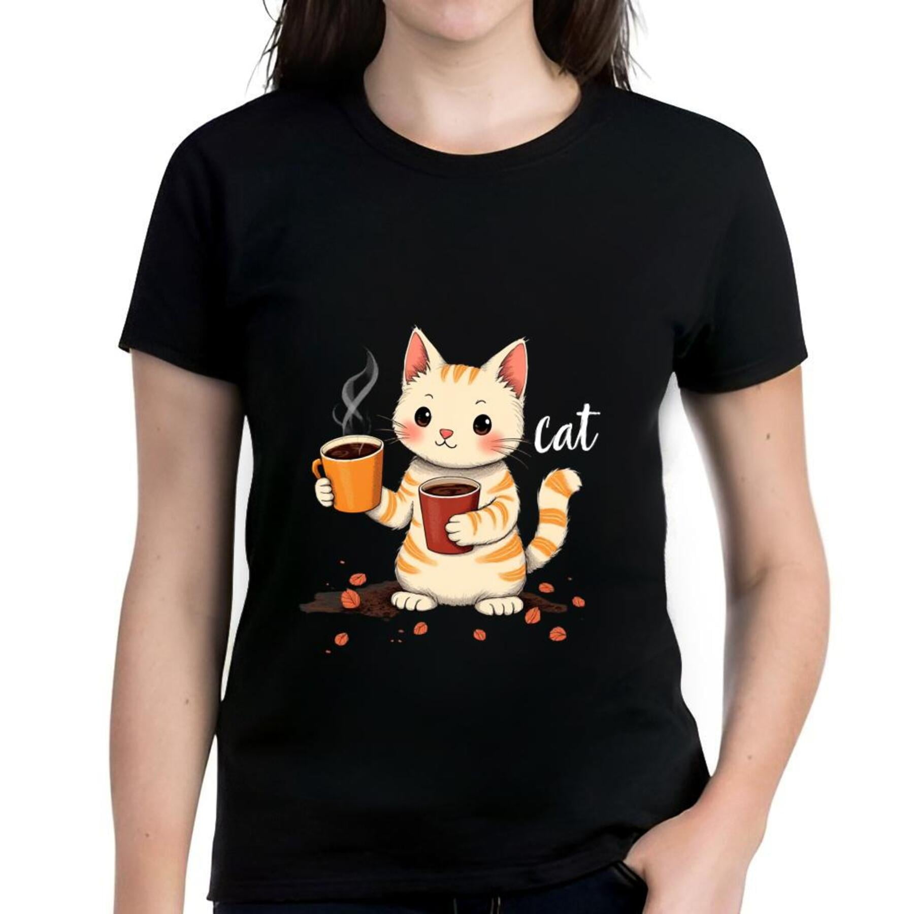 Cute Cartoon Cat Coffee Lover Cotton Short Sleeve T-Shirt - Orange ...