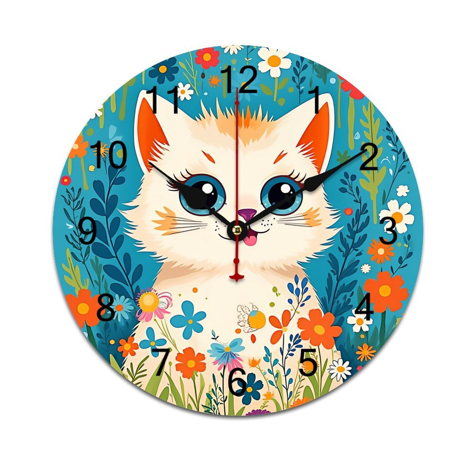 Cute Cartoon Cat Colorful Flowers Word Saying Big Wall Clock Home Decor ...
