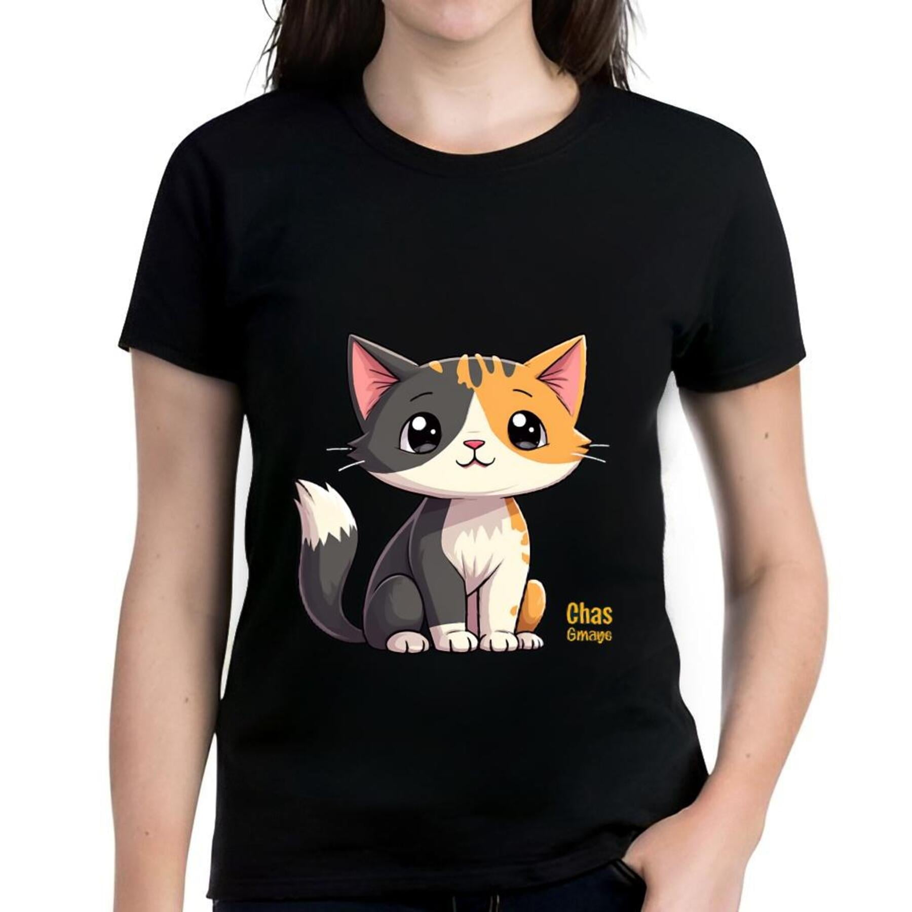 Cute Cartoon Cat Cotton Short Sleeve T-Shirt for Women - Playful Calico ...