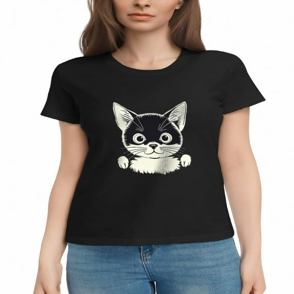 Cute Cartoon Cat Design Women's Cotton Short Sleeve T-Shirt - Playful ...