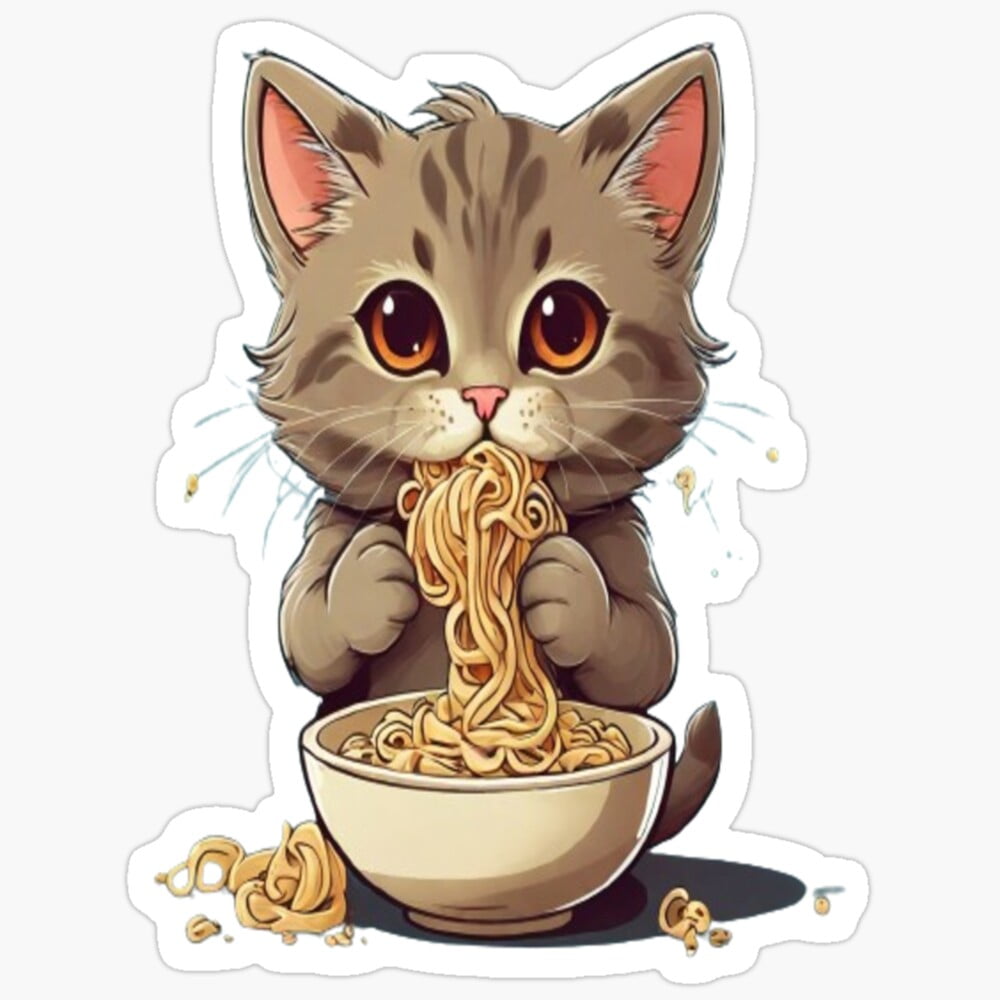 Cute Cartoon Cat Eating Noodle Sticker Phone Decal Water Bottle ...