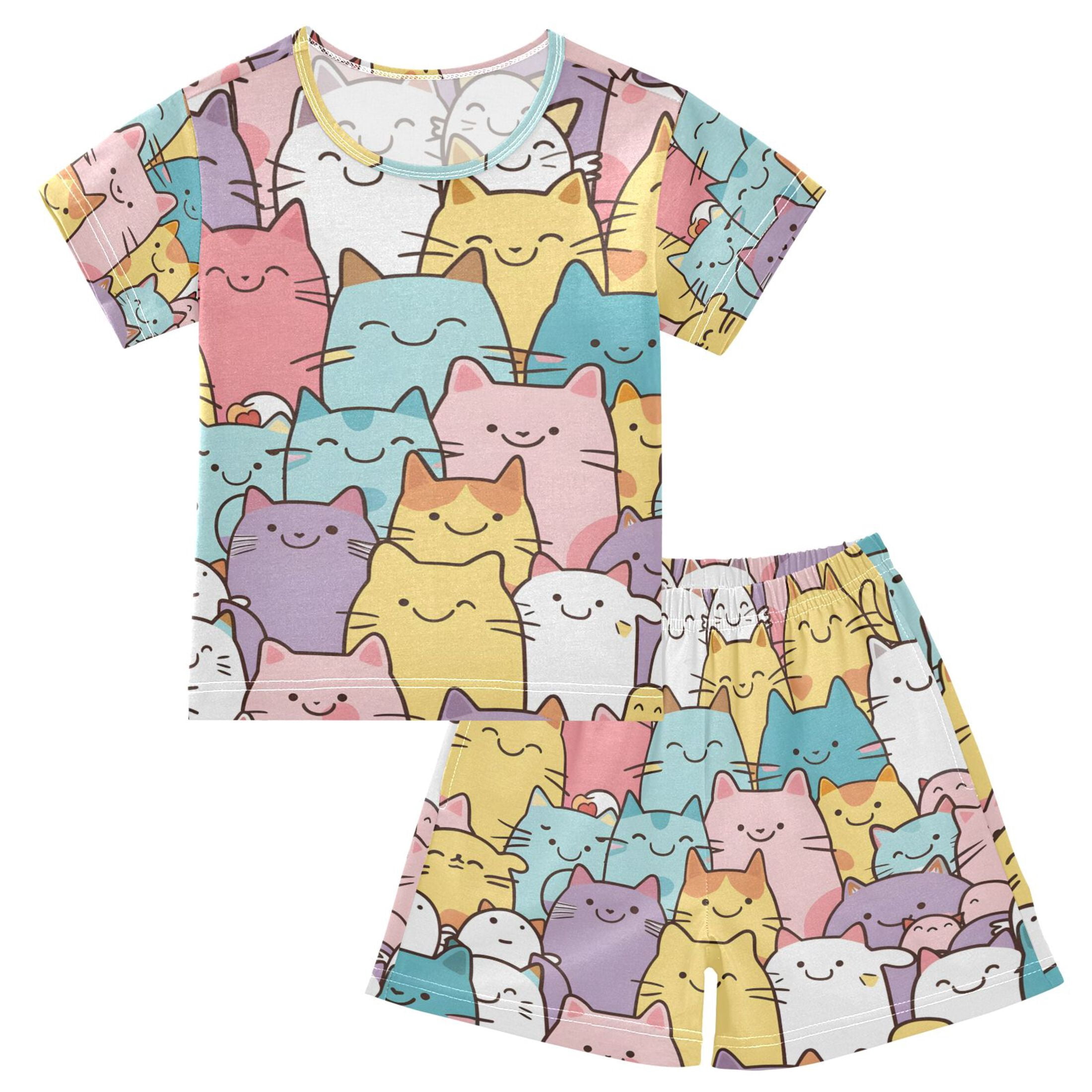 Cute Cartoon Cat Faces Pajamas Set Short Sleeves Sleepwear Top with ...