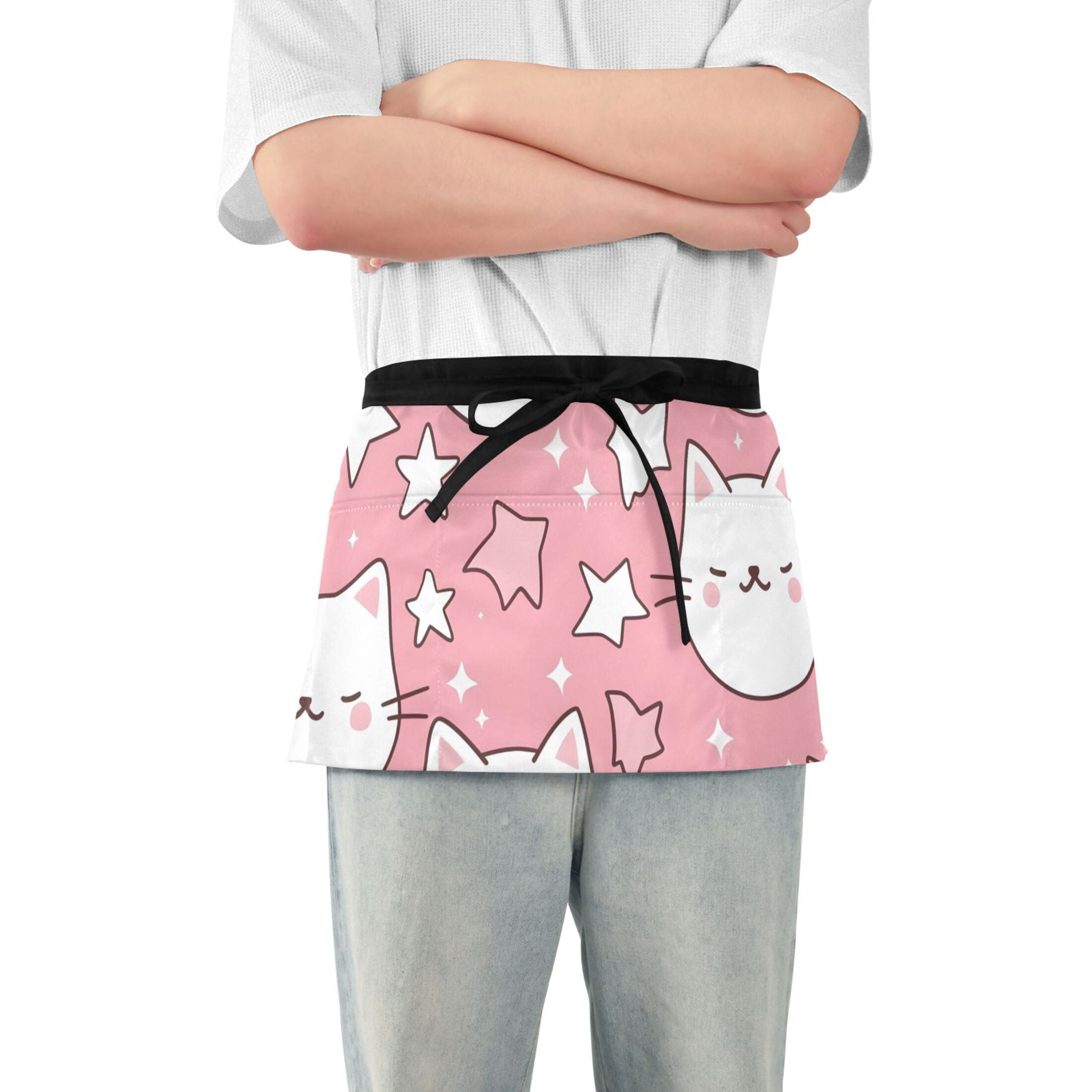 Cute Cartoon Cat Faces Stars Short Server Apron with 3 Pockets for ...