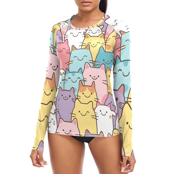 Cute Cartoon Cat Faces Women's Rash Guard Shirts UPF 50+ Sun Protection ...