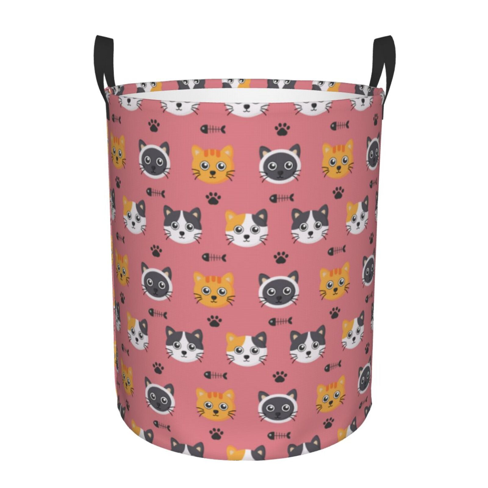 Cute Cartoon Cat Fishbone Round Laundry Basket, Laundry Hamper with ...