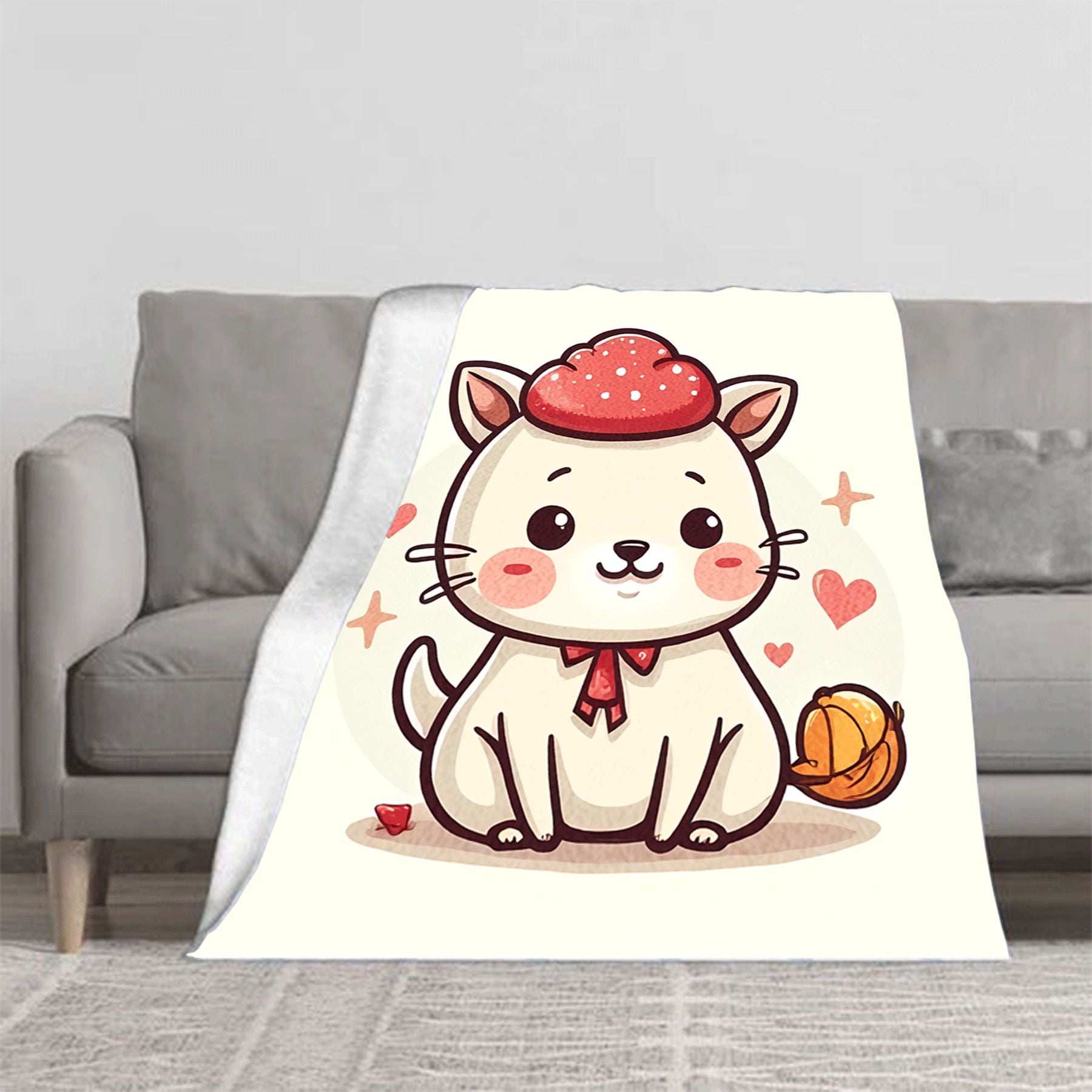 Cute Cartoon Cat Flannel Blanket - Soft Warm Cozy Design with Red Polka ...
