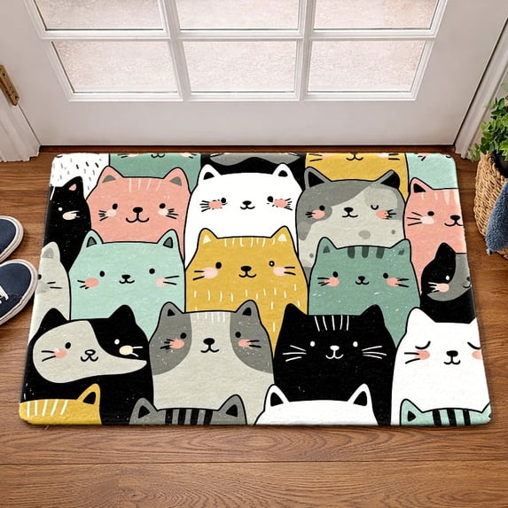 Cute Cartoon Cat Flannel Mat with Non-Slip Rubber Bottom, Durable ...