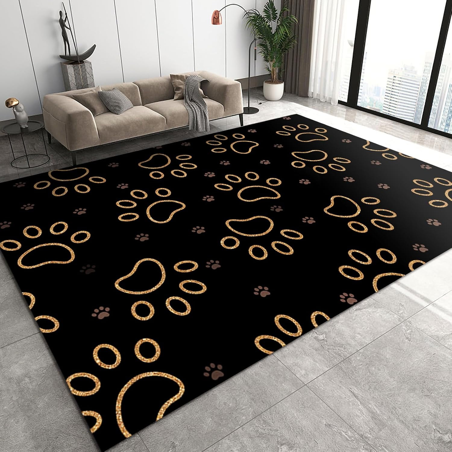 Cute Cartoon Cat Paw Area Rug, Black Background Simple Art Soft ...