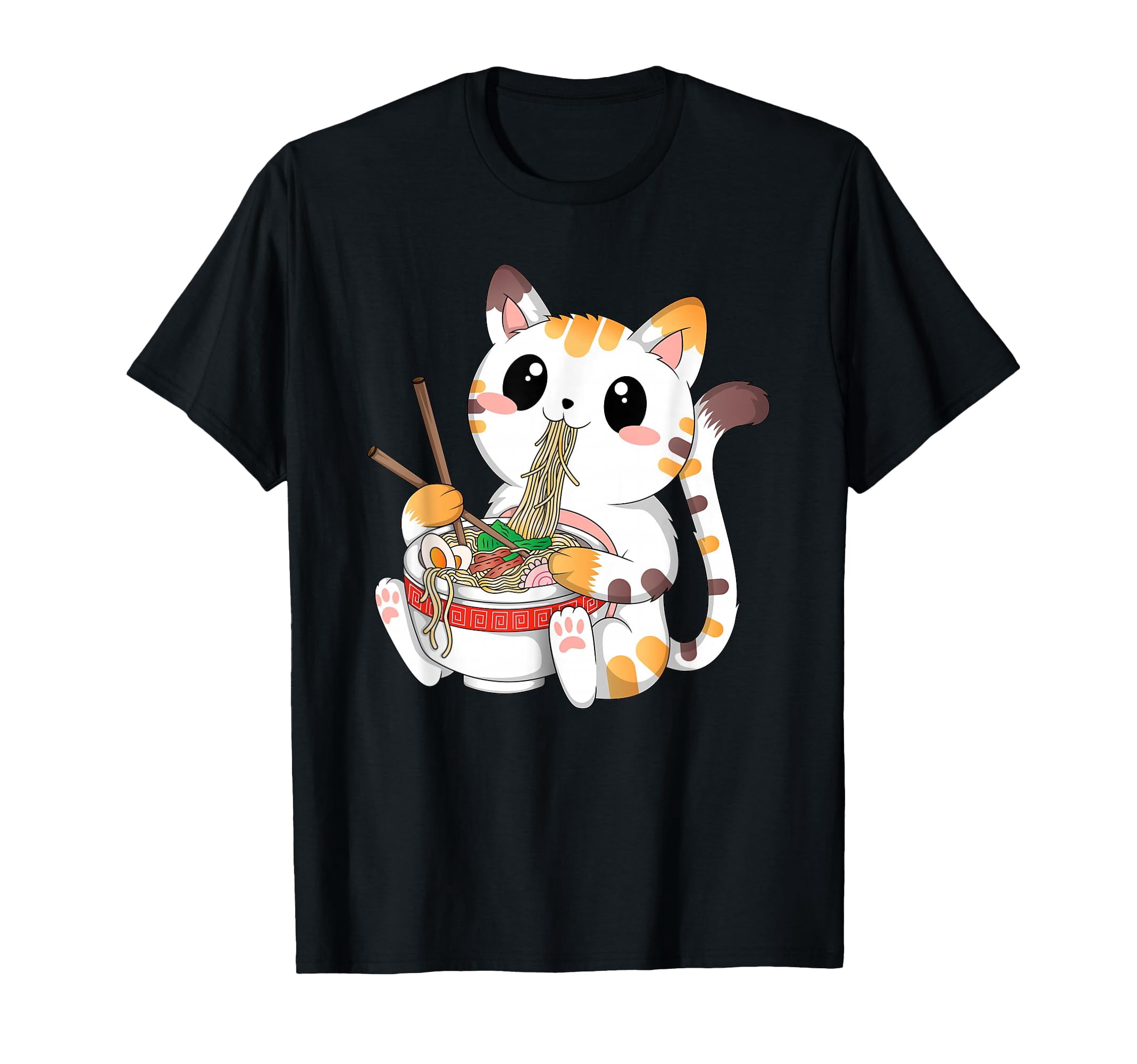Cute Cartoon Cat Ramen Noodles Kawaii Neko T-Shirt for Anime Lovers ...