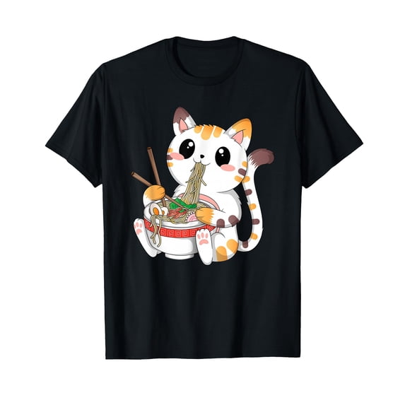 Cute Cartoon Cat Ramen Noodles Kawaii Neko T-Shirt for Anime Lovers ...