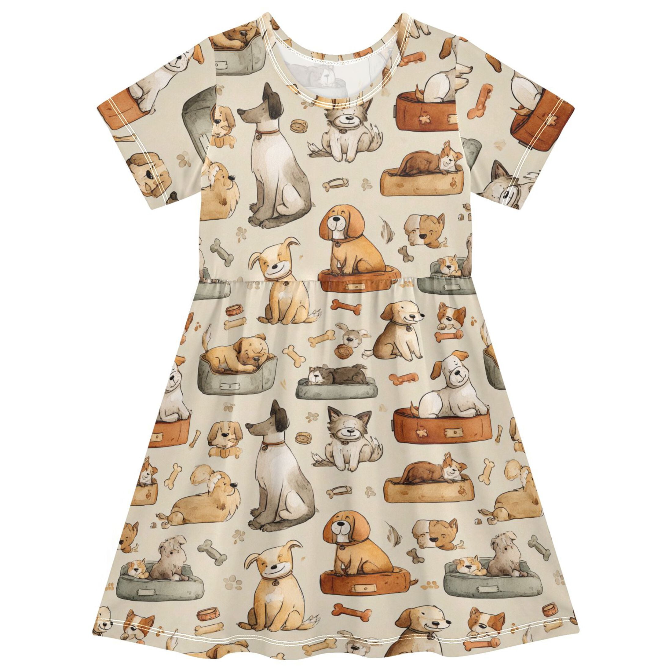 Cute Cartoon Cat Short Sleeve Dress A-Line Cute Midi Casual Sundress 2 ...