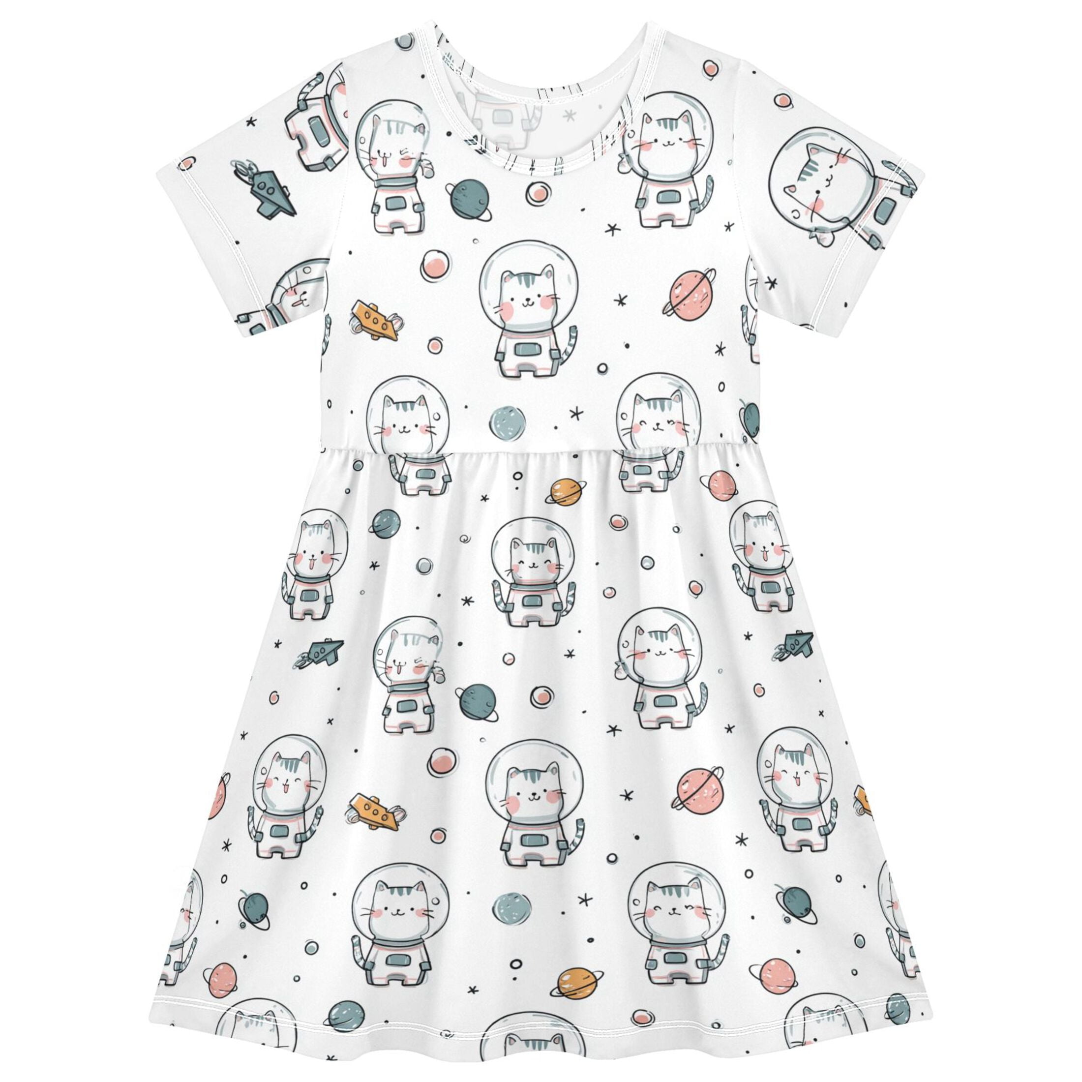 Cute Cartoon Cat Short Sleeve Dress A-Line Cute Midi Casual Sundress 2 ...