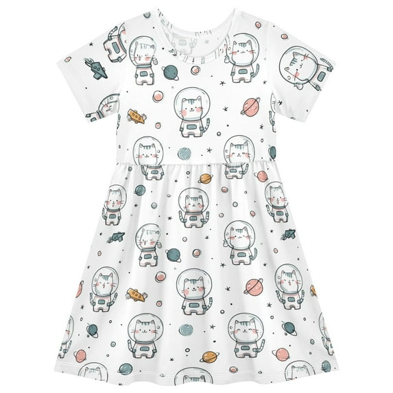 Cute Cartoon Cat Short Sleeve Dress A-Line Cute Midi Casual Sundress 2 ...