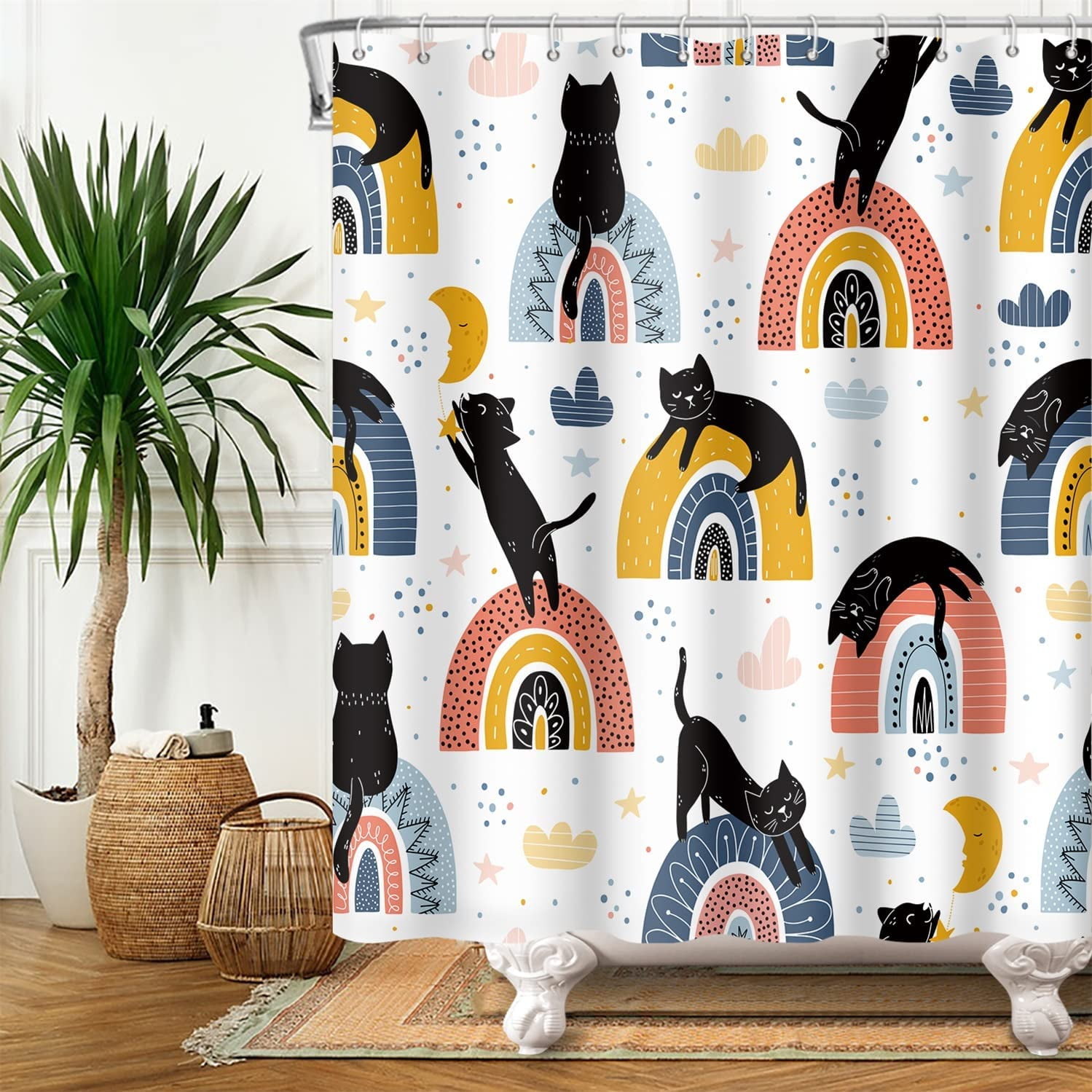 Cute Cartoon Cat Shower Curtain， Funny Lovely Black Pet Cat Colorful ...
