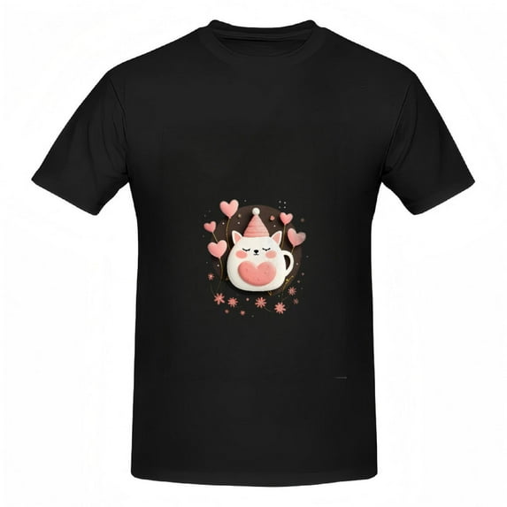 Cute Cartoon Cat T-Shirt for Women - Black Cotton Tee with Pink Party ...