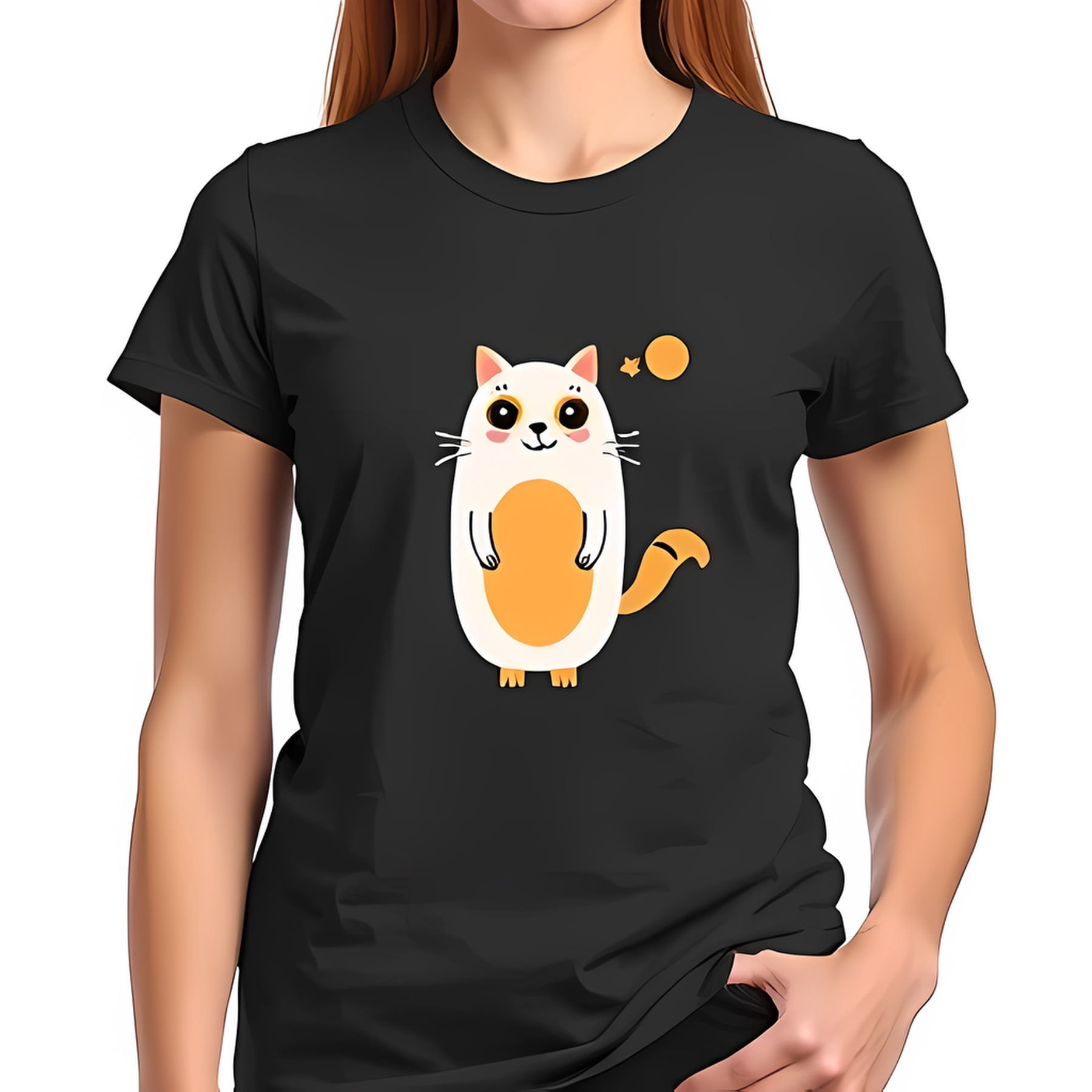 Cute Cartoon Cat T-Shirt for Women - Black Crew Neck Tee with Playful ...