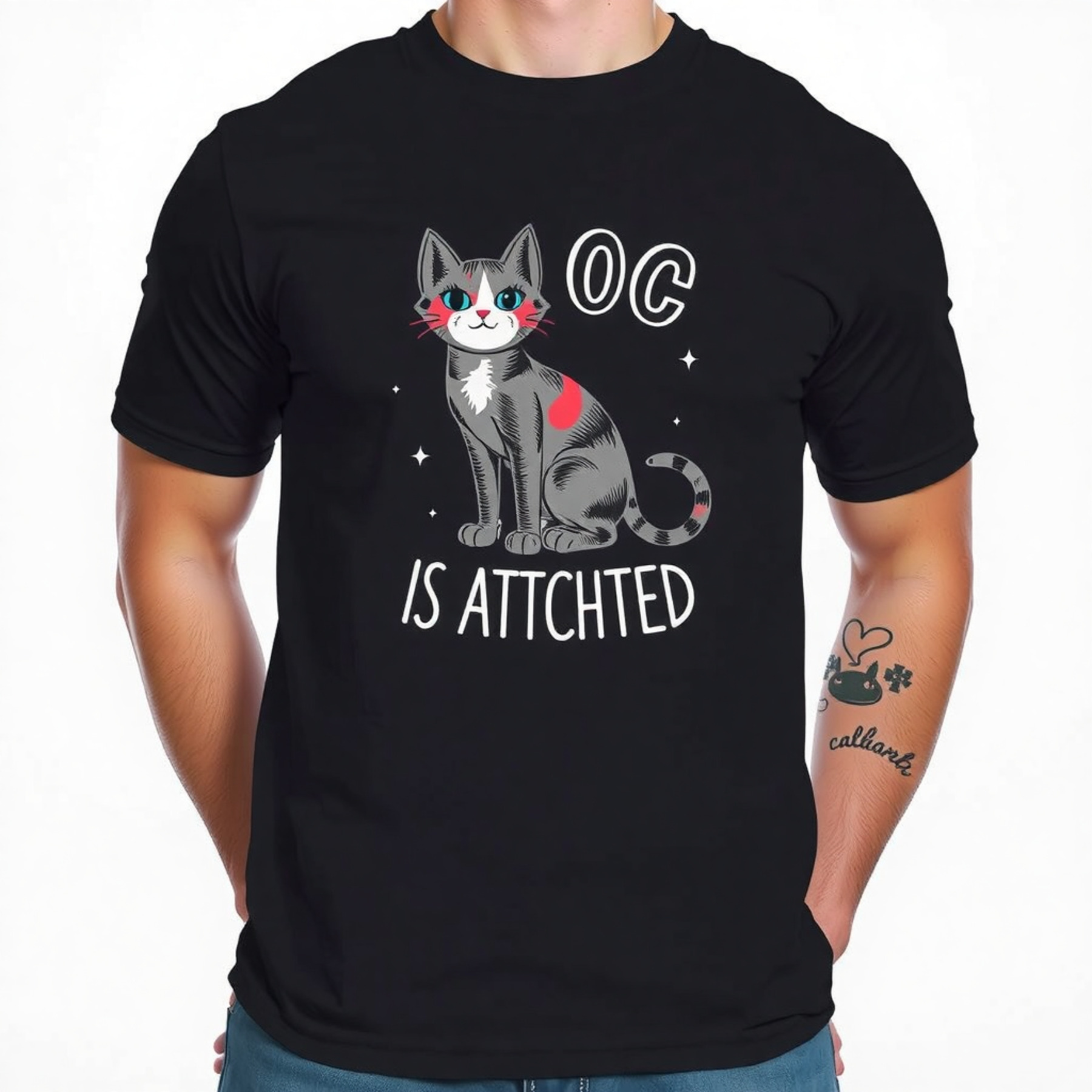 Cute Cartoon Cat T-Shirt with "OC IS ATTACHED" Graphic Design Stylish ...