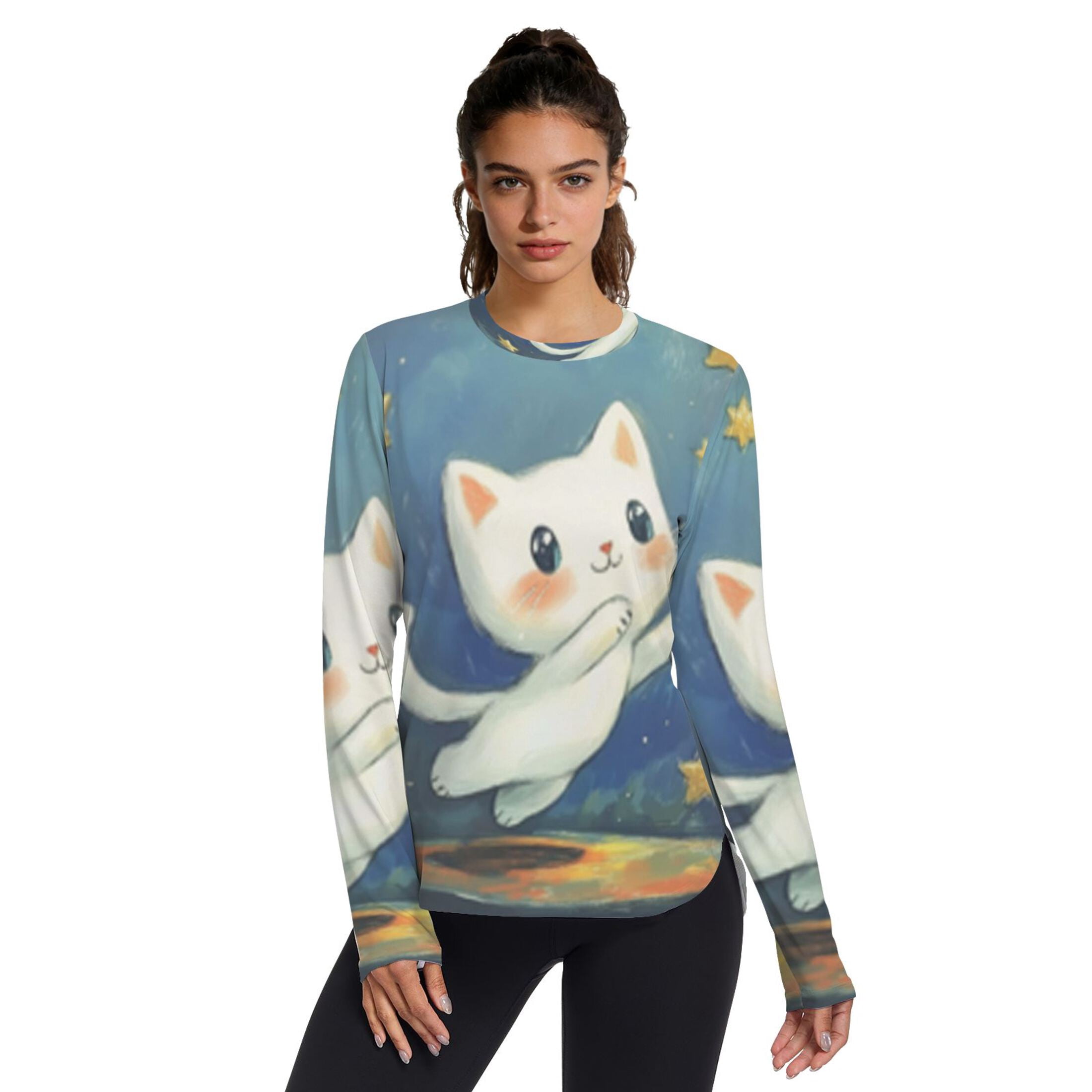 Cute Cartoon Cat Women UPF 50+ UV Shirts Long Sleeve with Thumb Holes ...