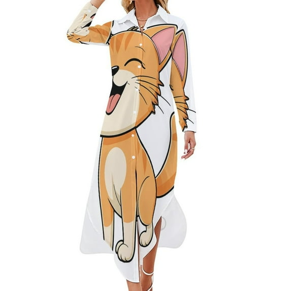 Cute Cartoon Cat Yawning Shirt Dress Long Sleeve Street Fashion V Neck ...