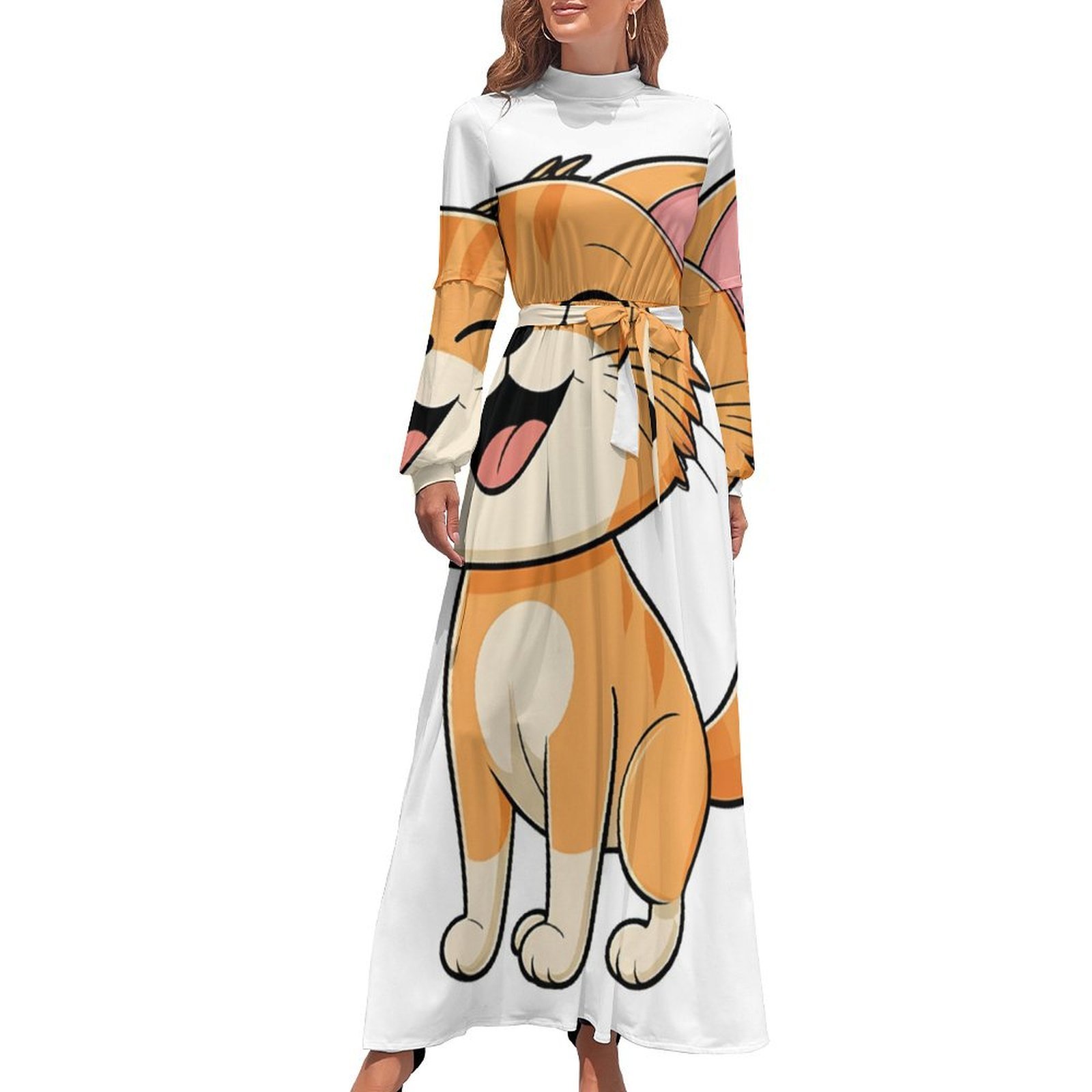 Cute Cartoon Cat Yawning Women's Long Dress Long Sleeves Dress Vintage ...