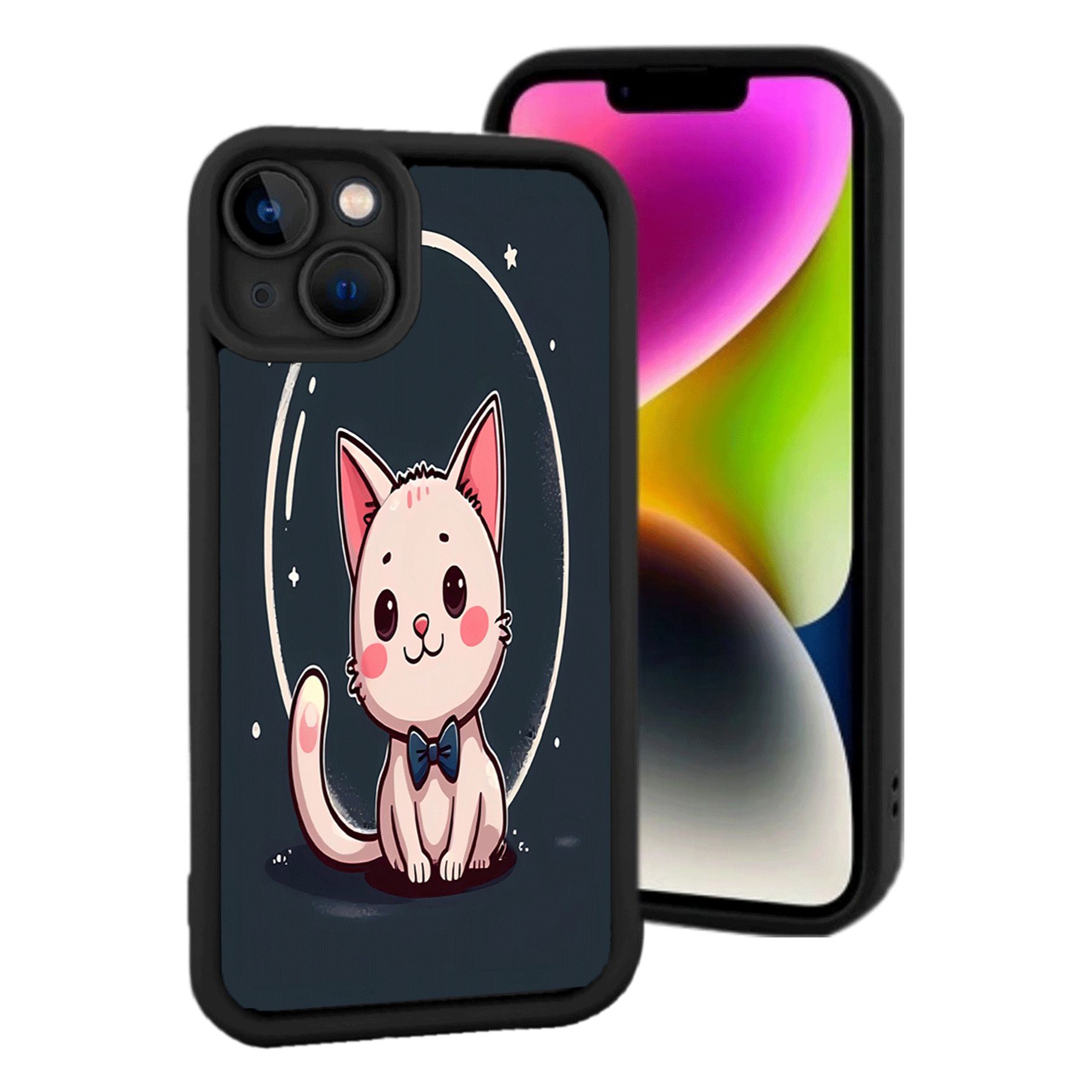 Cute Cartoon Cat iPhone 15 Case - Lightweight Yellowing Resistant Night ...