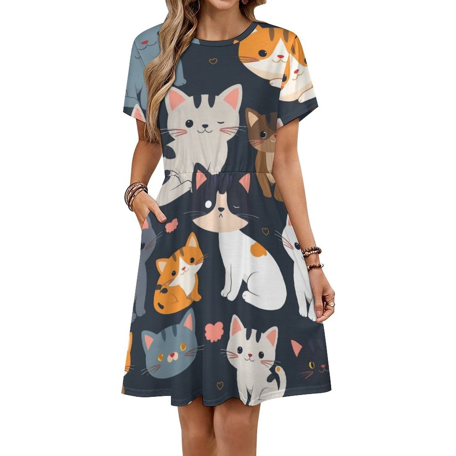 Cute Cartoon Cats Short Sleeve Dress Summer Women Clothes Dress for ...