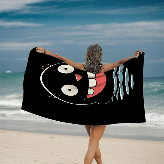 Cute Cartoon Character Beach Towel - Black Round Body with Smiling Face ...