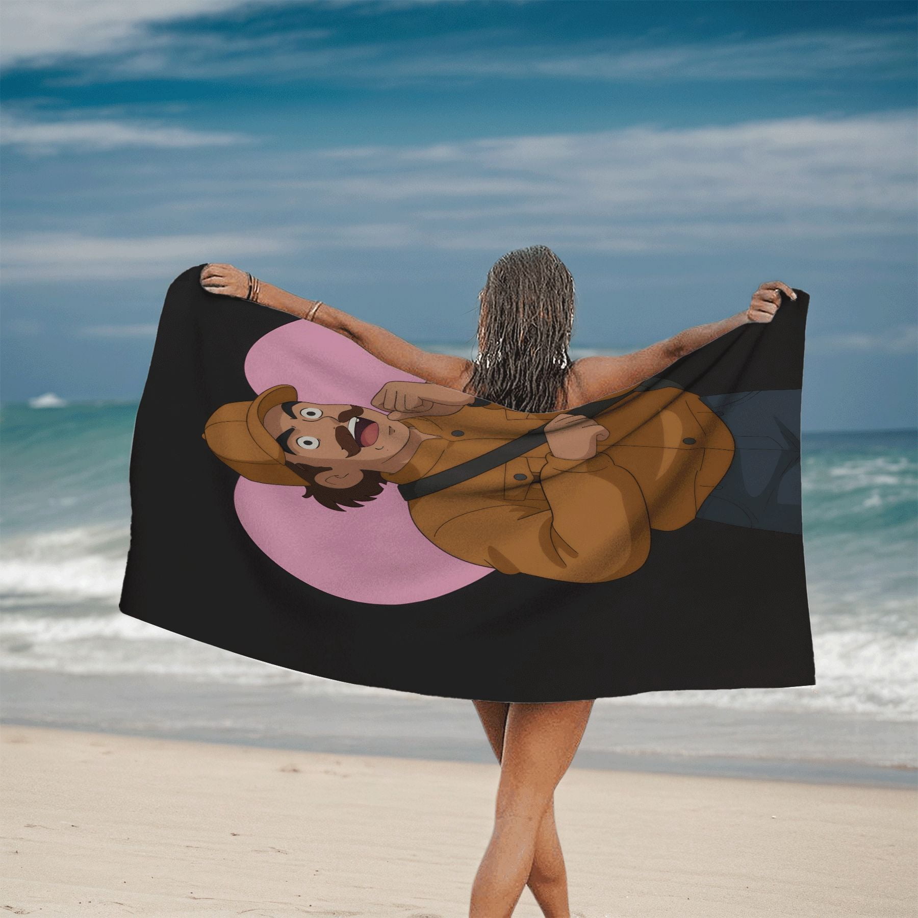Cute Cartoon Character Beach Towel - Brown Jacket & Cap Design with ...