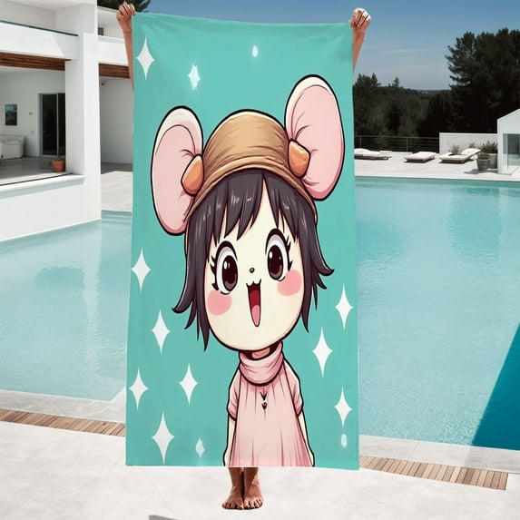 Cute Cartoon Character Beach Towel - Large Pink Ears Brown Hat Light ...