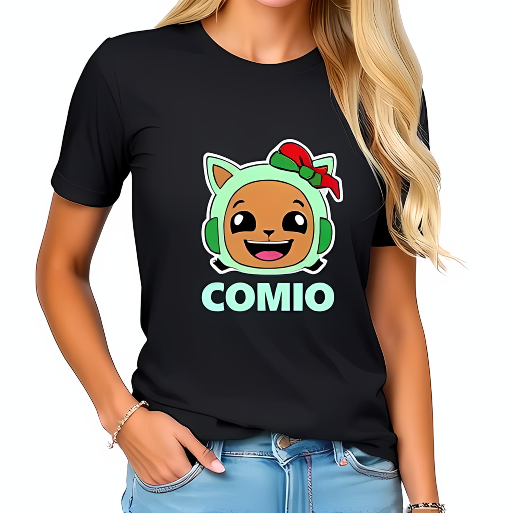 Cute Cartoon Character Cotton Short Sleeve T-Shirt with Festive Bow ...