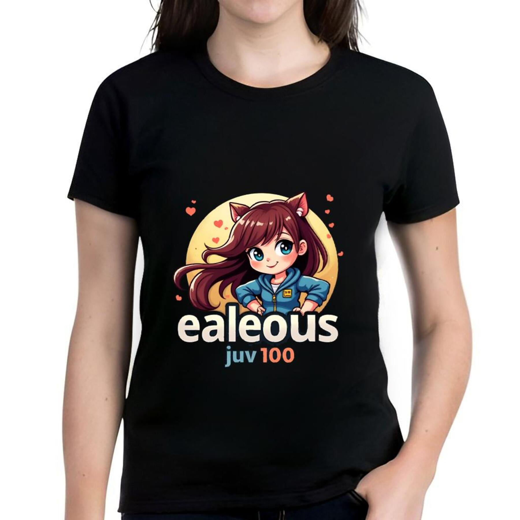 Cute Cartoon Character T-Shirt for Women - Black Cotton Tee with Long ...