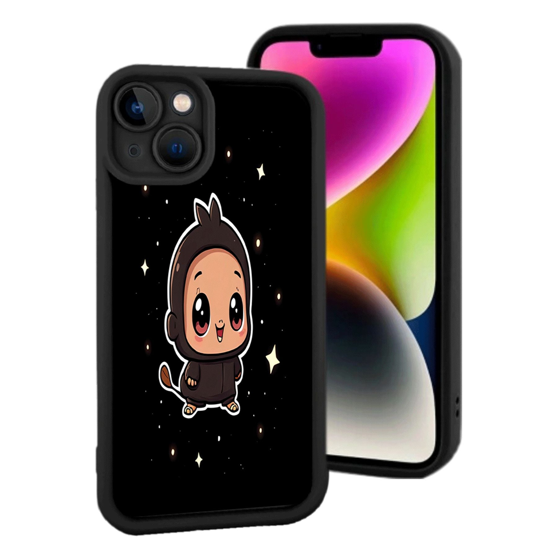 Cute Cartoon Character iPhone 15 Case - Dark Outfit Starry Background ...