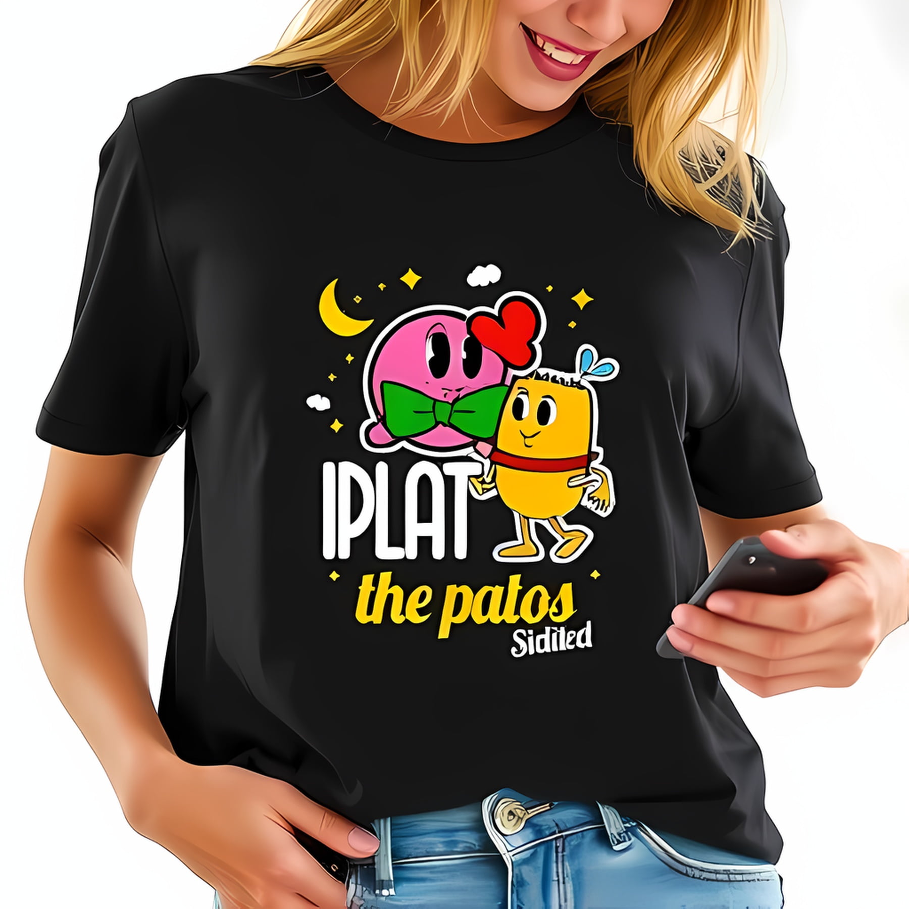 Cute Cartoon Characters T-Shirt - Light Pink & Yellow Oblong Embrace ...