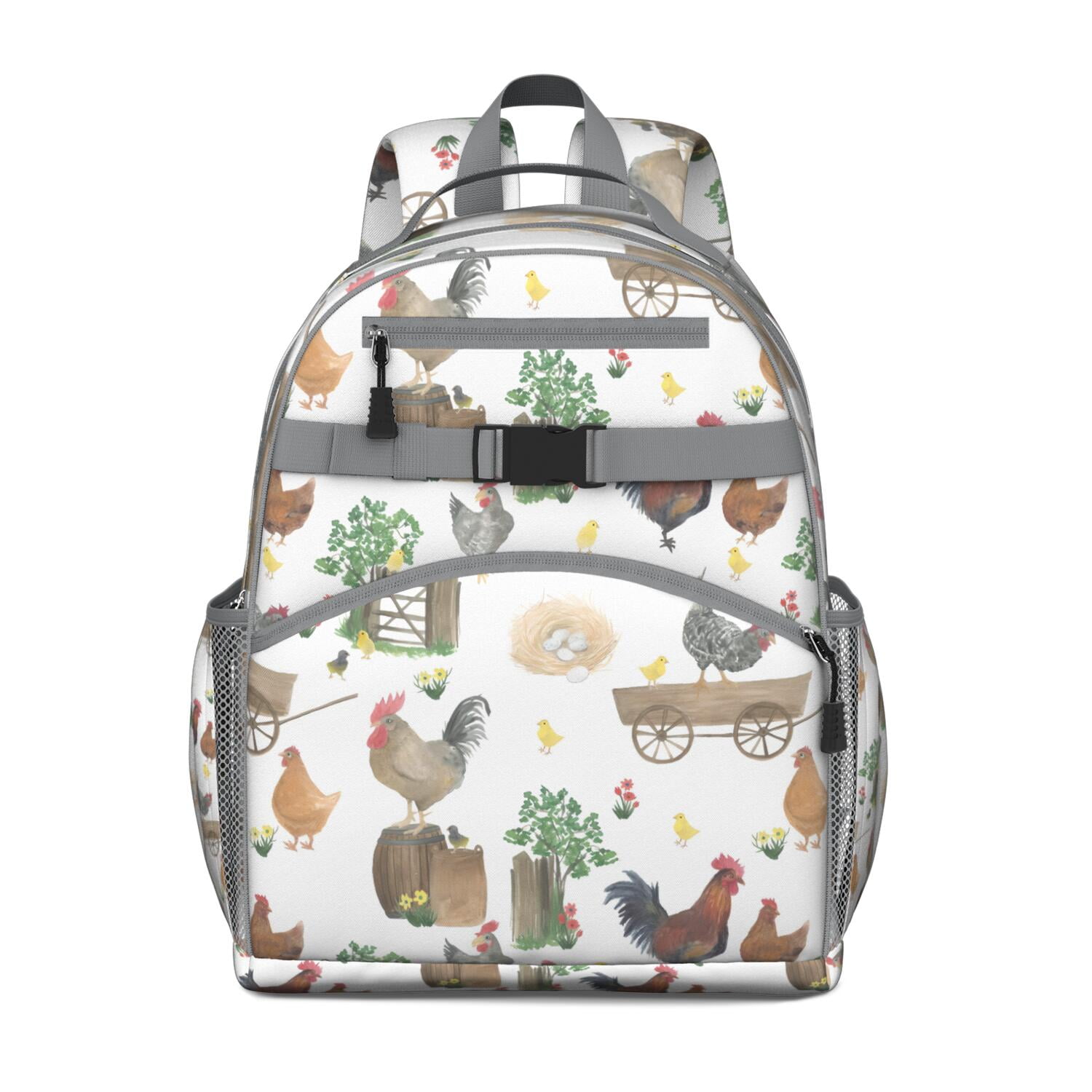Cute Cartoon Chicken Backpack Watercolor Rooster Artwork with Floral Garden and Coop Design for ...