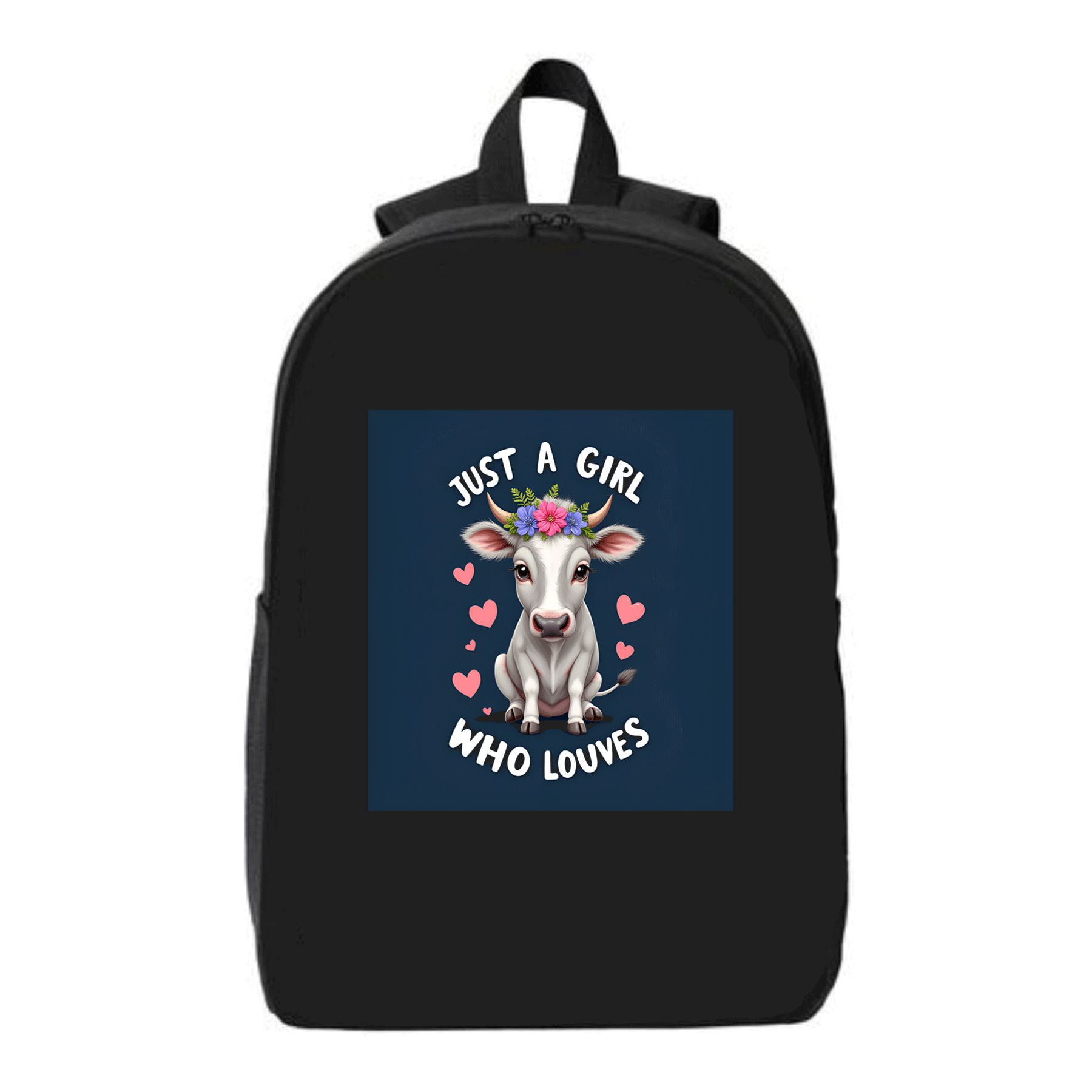 Cute Cartoon Cow Laptop Backpack - Floral Headpiece & Pink Hearts ...