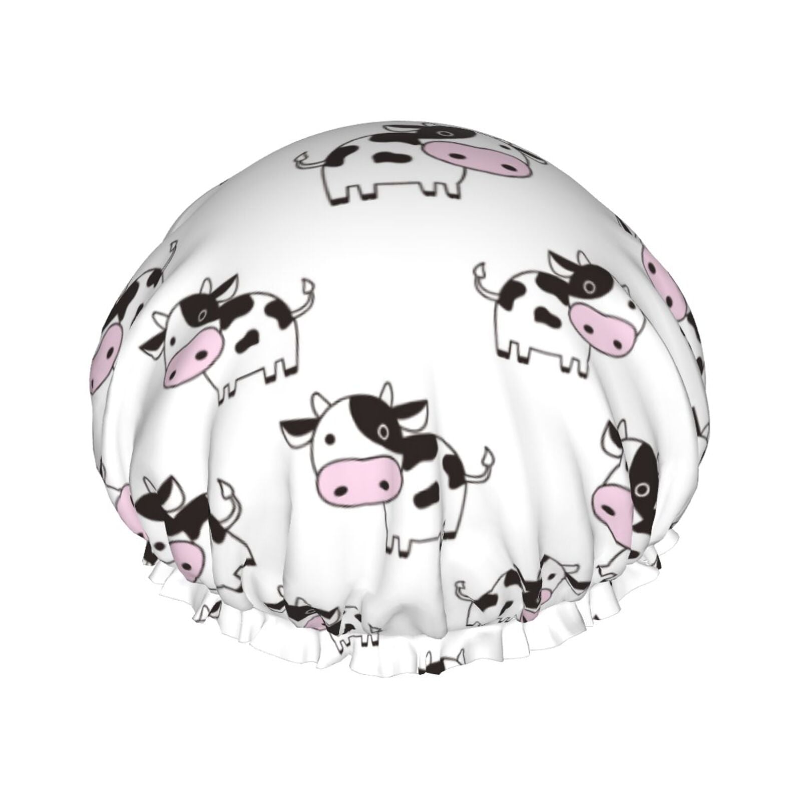 Cute Cartoon Cow Print White Shower Cap for Women, Double Waterproof ...