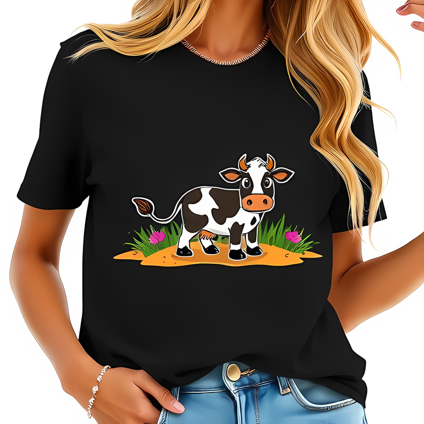 Cute Cartoon Cow T-Shirt for Women Black Tee with Orange Tan Cow Design ...