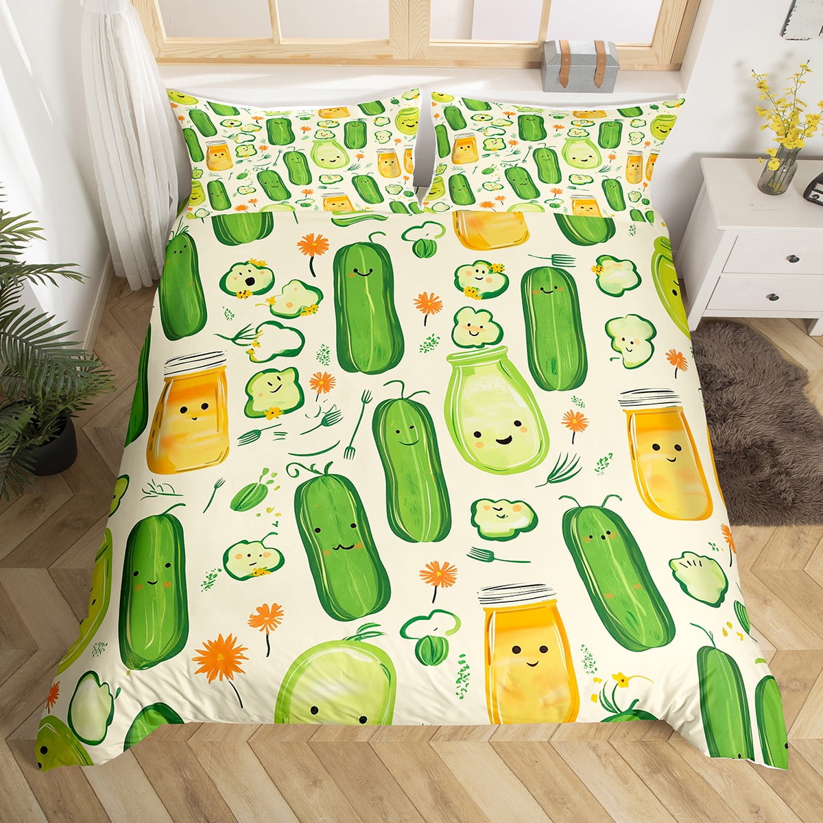 Cute Cartoon Cucumbers Comforter Cover Green Pickles Print Bedding Set ...