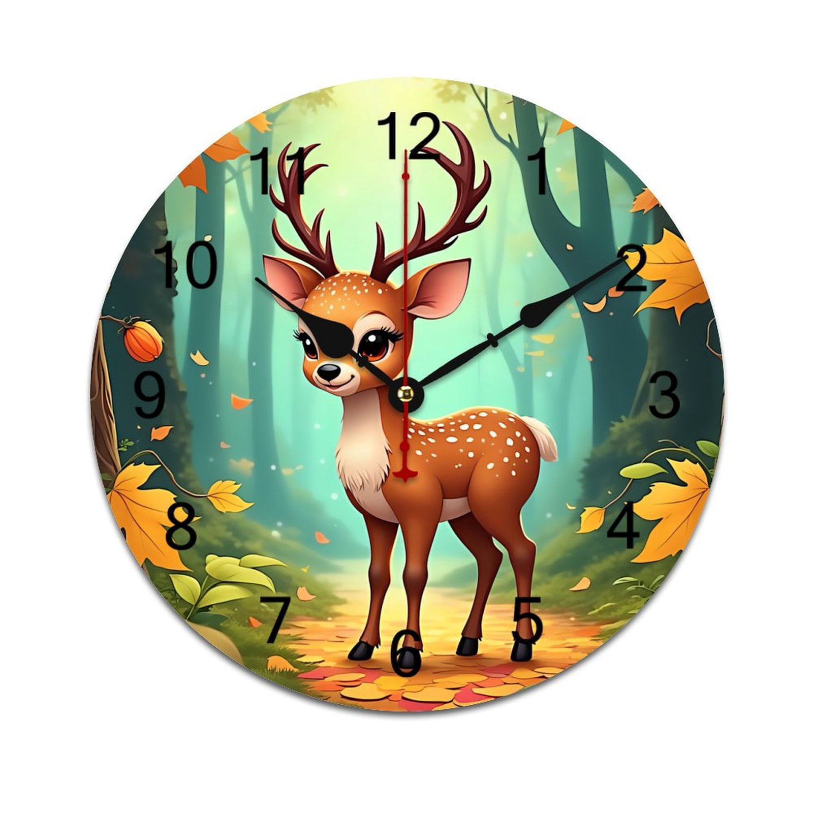 Cute Cartoon Deer Magical Forest with Flowers Printed Silent Wall Clock ...